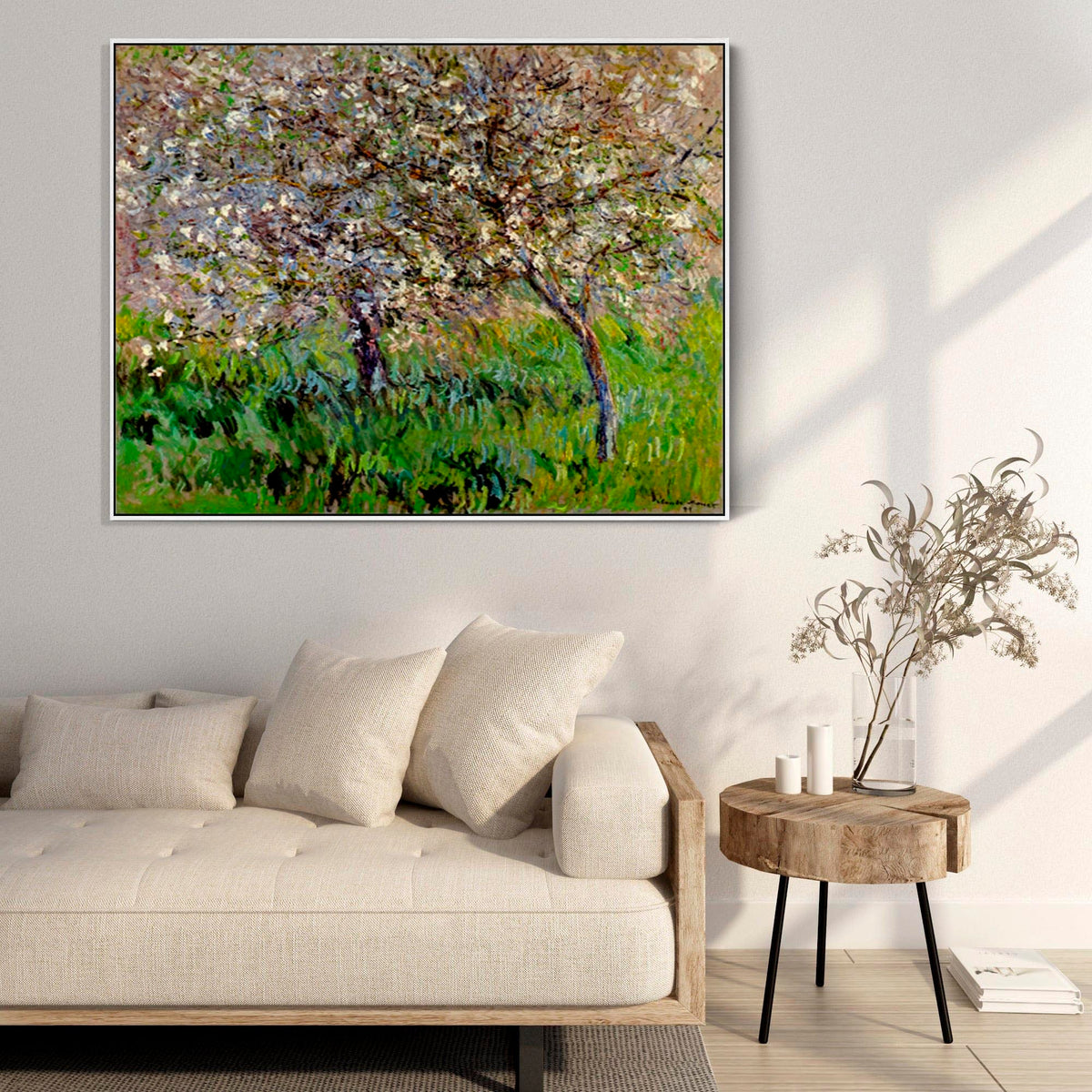Large Claude Monet Framed Canvas Print of Apple Trees in Bloom at Give