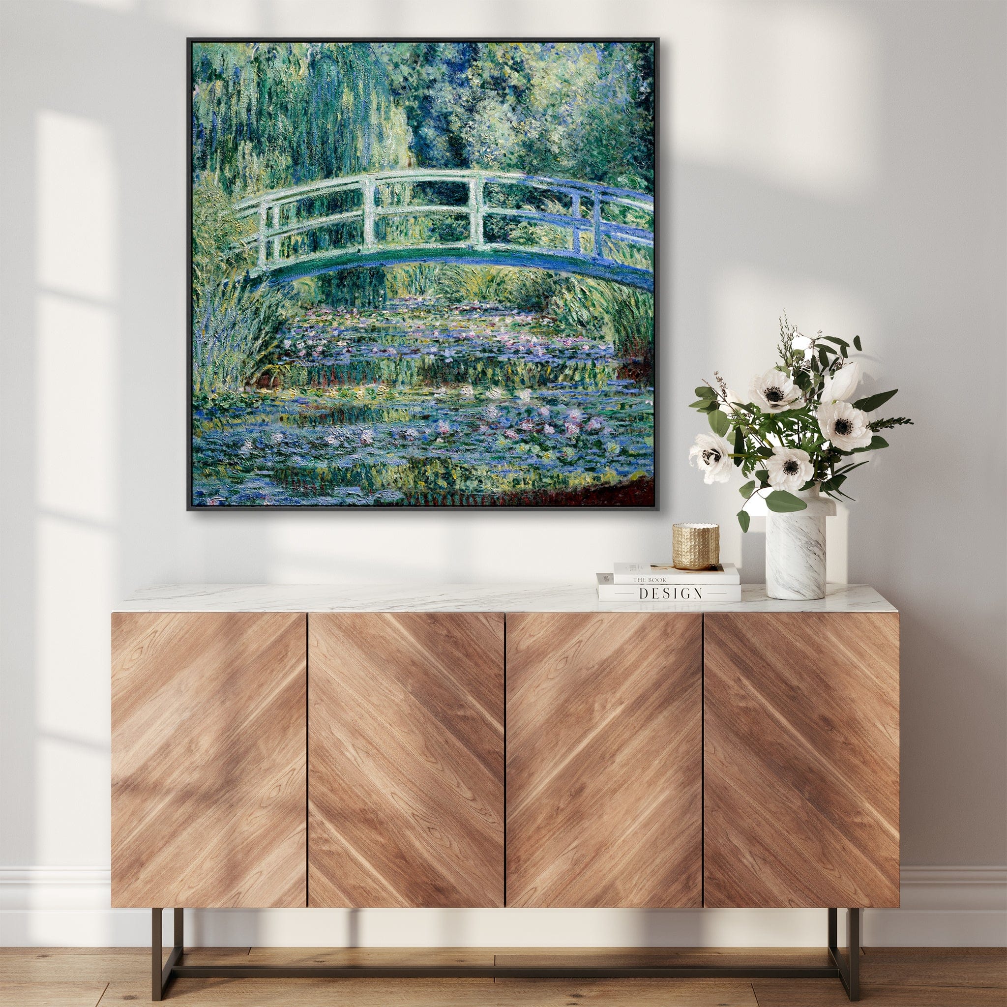 Claude Monet Framed Canvas Wall Art - Japanese Bridge Water Lilies - X