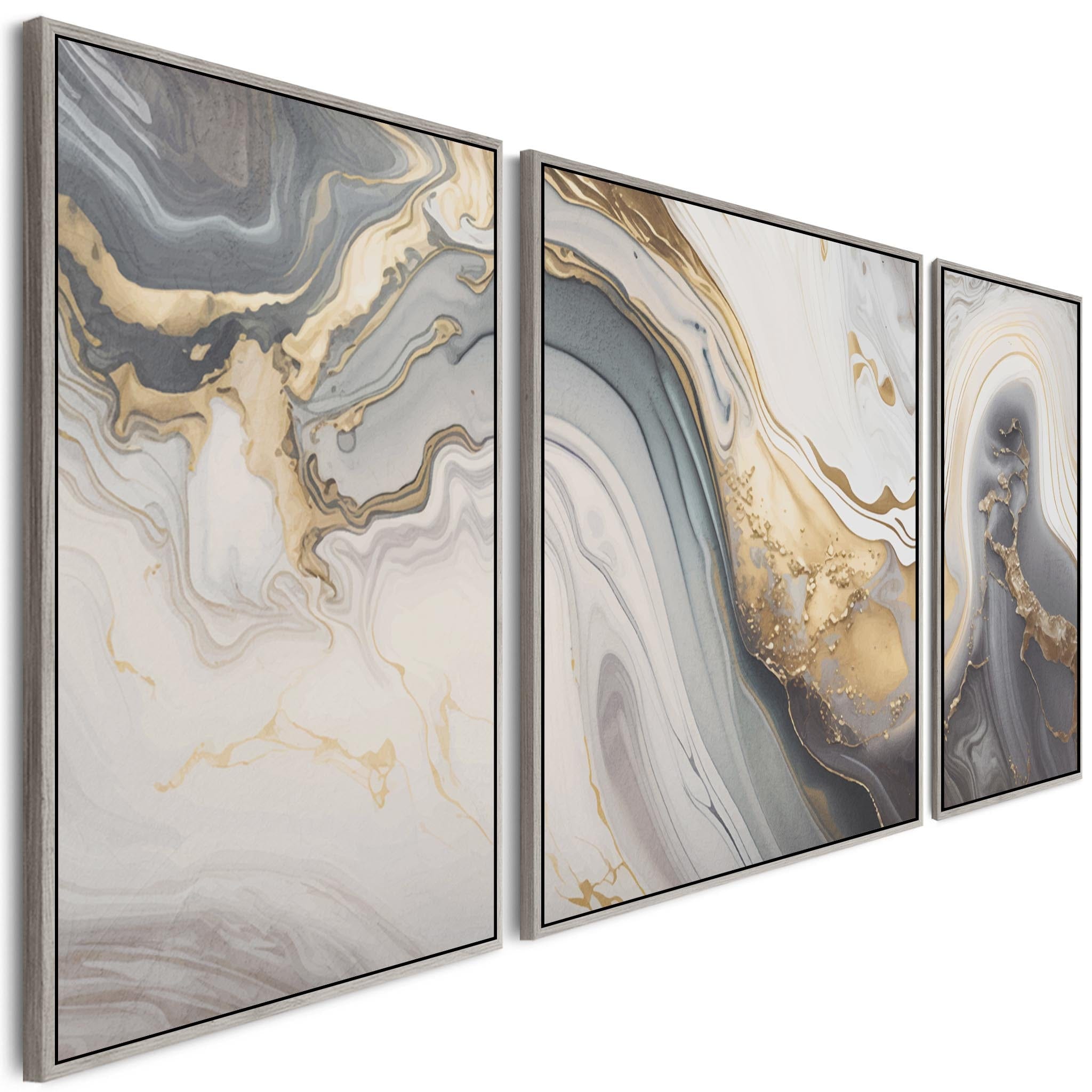 Large Modern Grey Gold Abstract Wall Art for Living Room - Framed Set