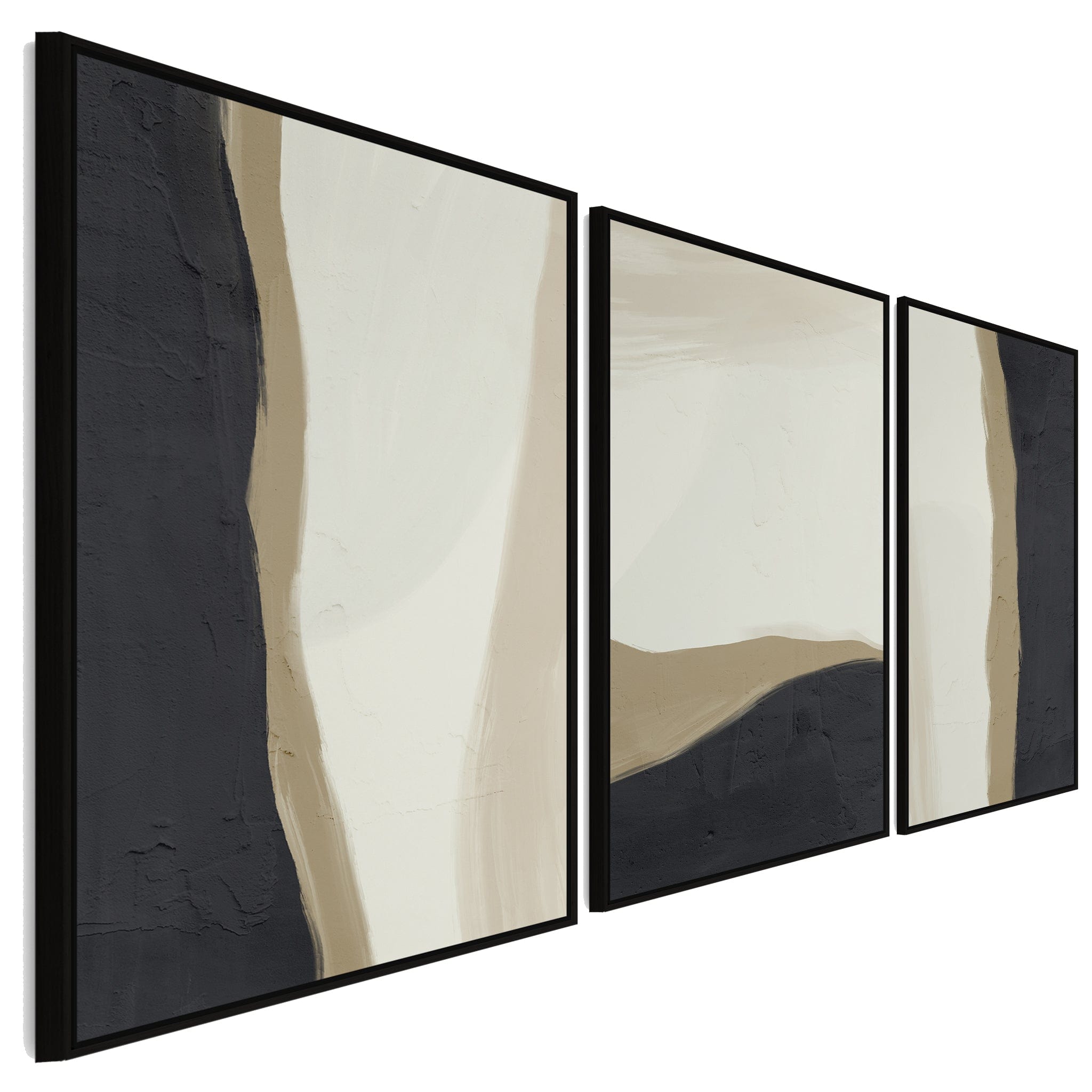 Large Set of 3 Wall Art For Living Room - Framed Abstract Black Cream