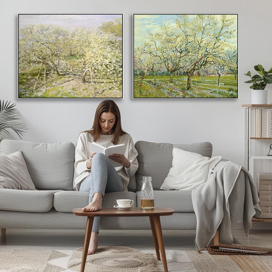 Extra Large Green Pair of Impressionist Wall Art Framed Canvas Picture