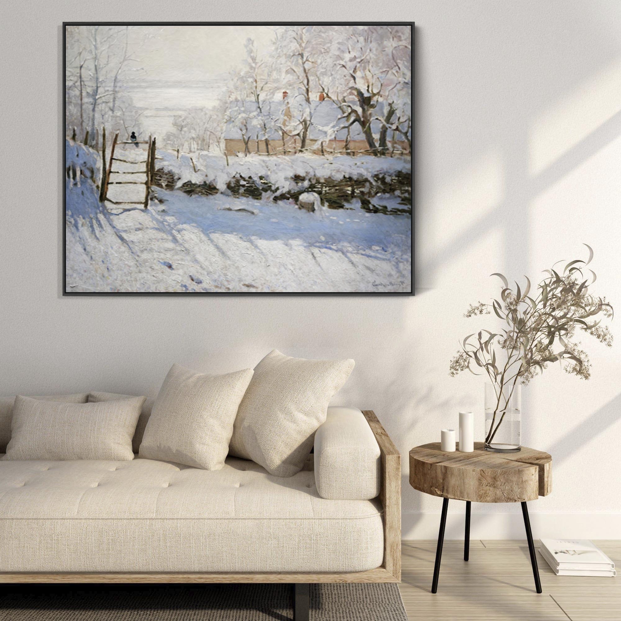Large Claude Monet Framed Canvas Print of The Magpie Winter Landscape