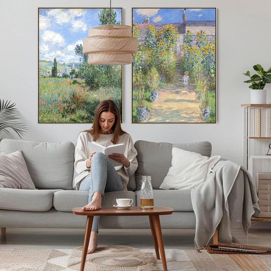 Large Claude Monet Framed Pair of Green Wall Art Prints of Vetheuil La ...