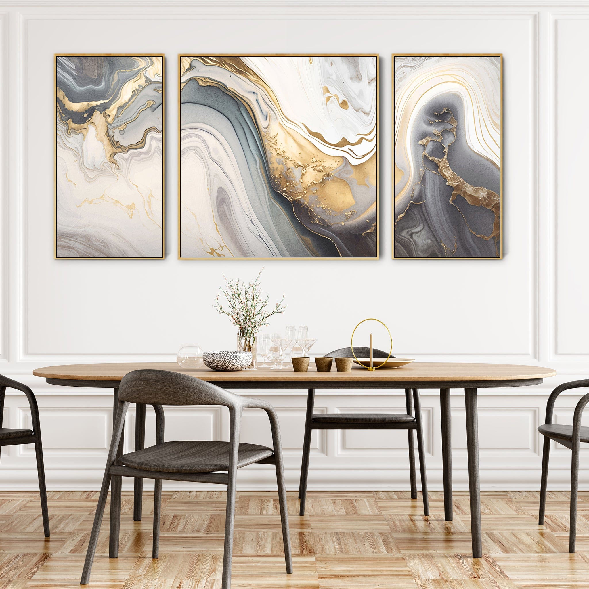 Large Modern Grey Gold Abstract Wall Art for Living Room - Framed Set
