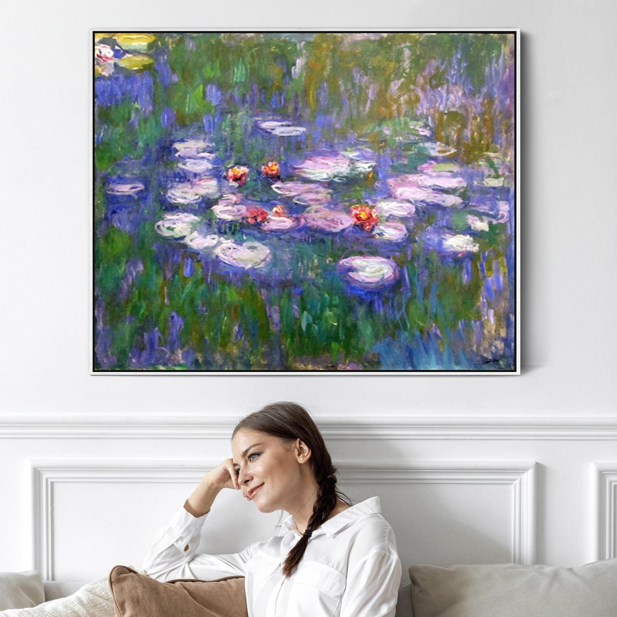 Large Blue Claude Monet Framed Canvas Print of Water Lillies Painting