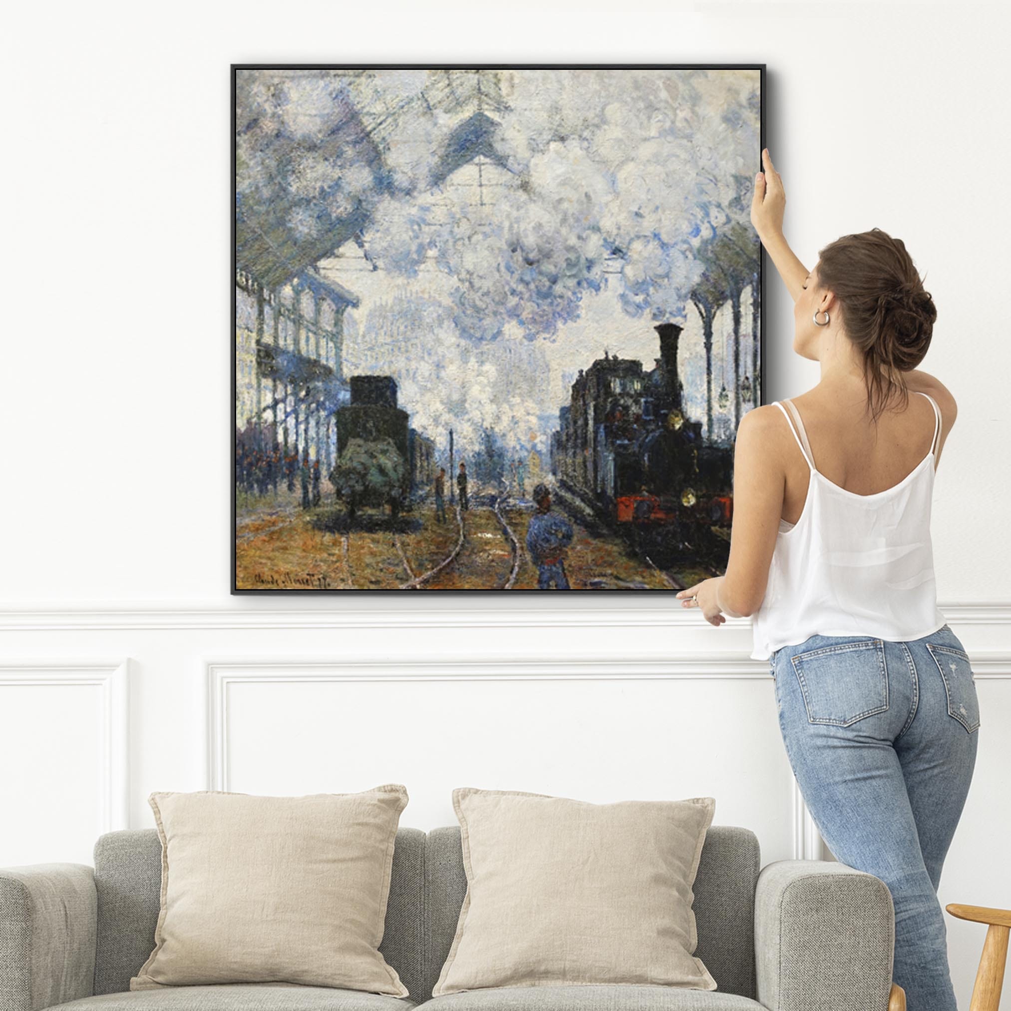 Claude Monet Framed Canvas Wall Art - Arrival of the Normandy Train