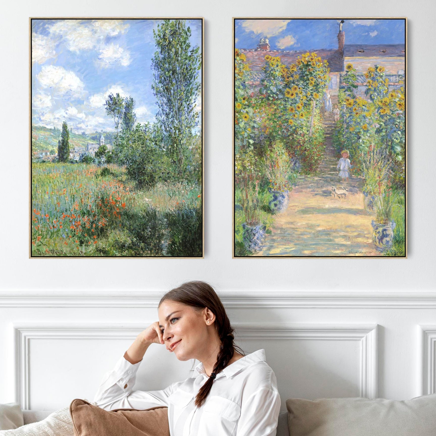 Large Claude Monet Framed Pair of Green Wall Art Prints of Vetheuil La ...