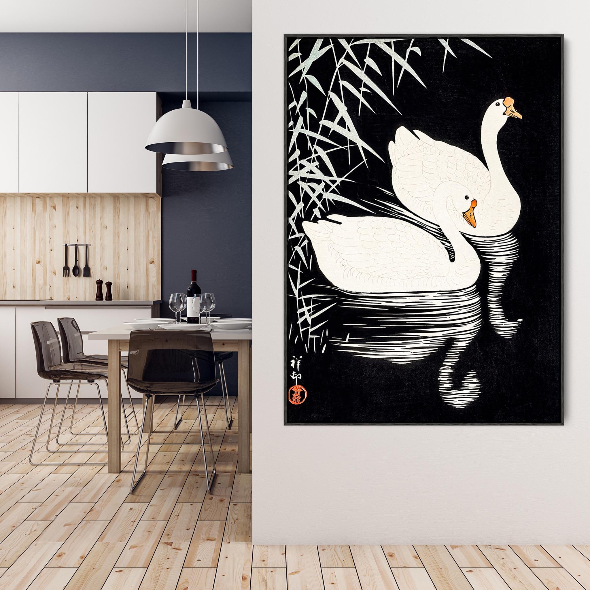 White Swans Japanese Wall Art Framed Canvas Print of Ohara Koson Paint