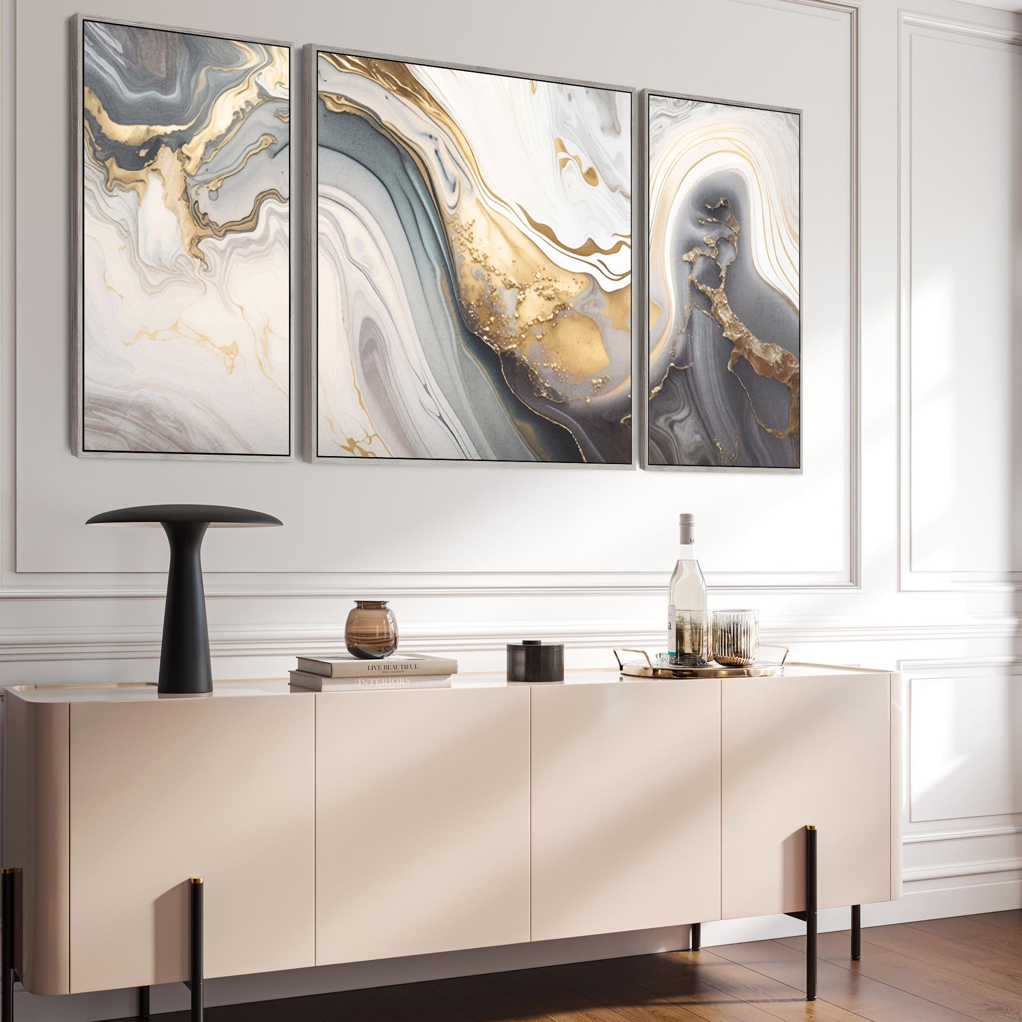 Large Modern Grey Gold Abstract Wall Art for Living Room - Framed Set