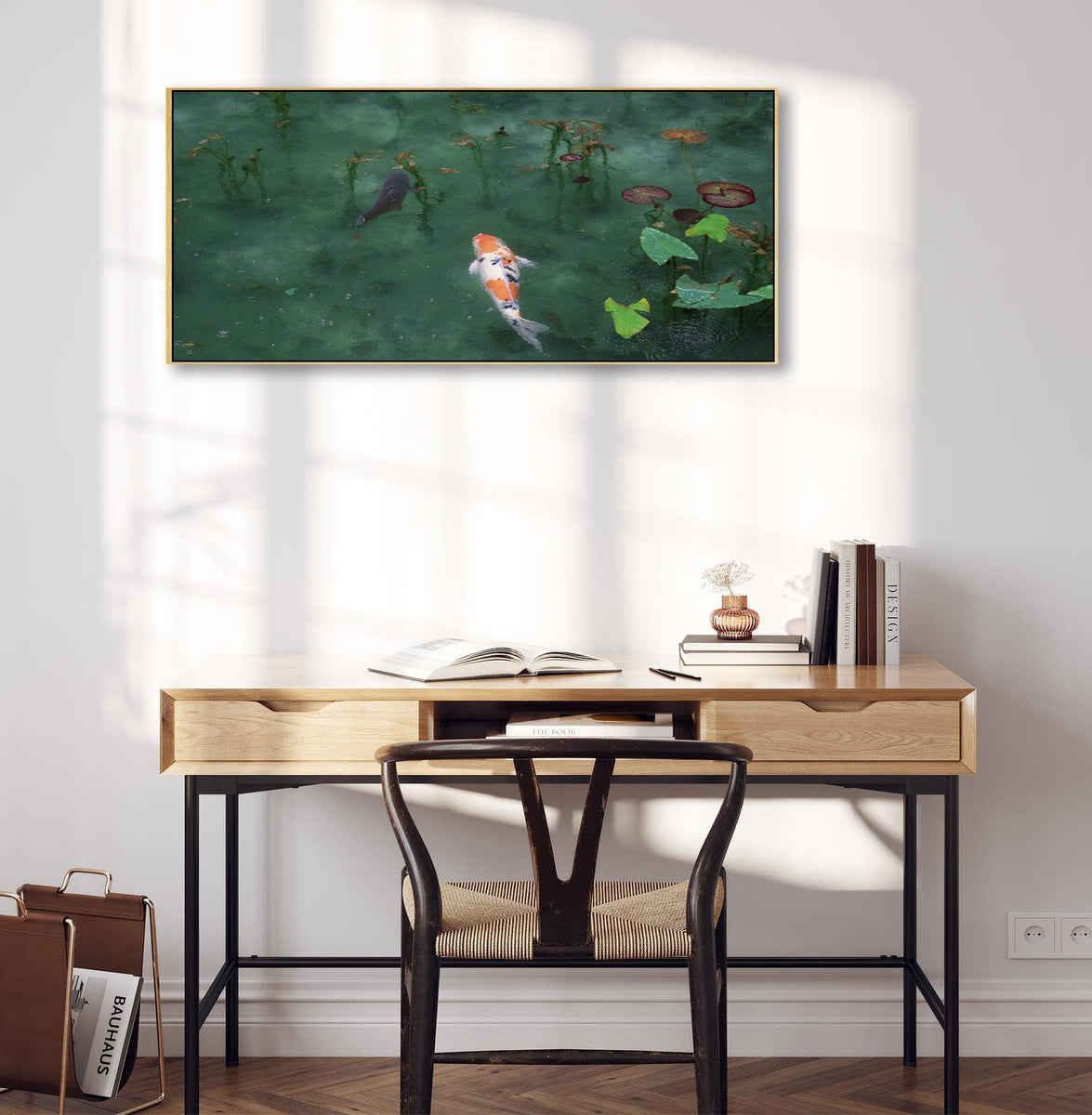 Large Japanese Koi Carp Green Wall Art Framed Canvas Print