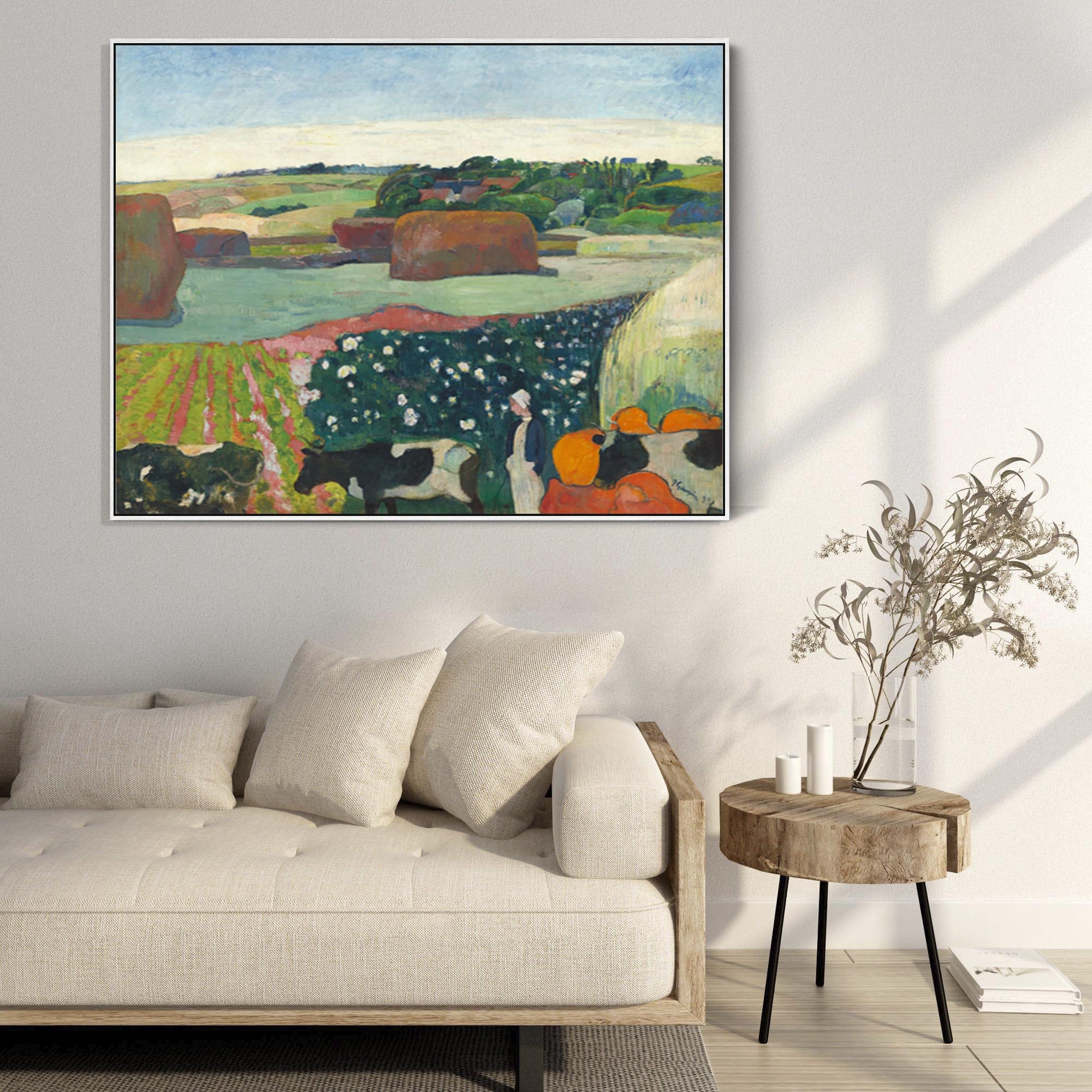 Large Paul Gauguin Framed Canvas Print of Landscape of Haystacks in Br
