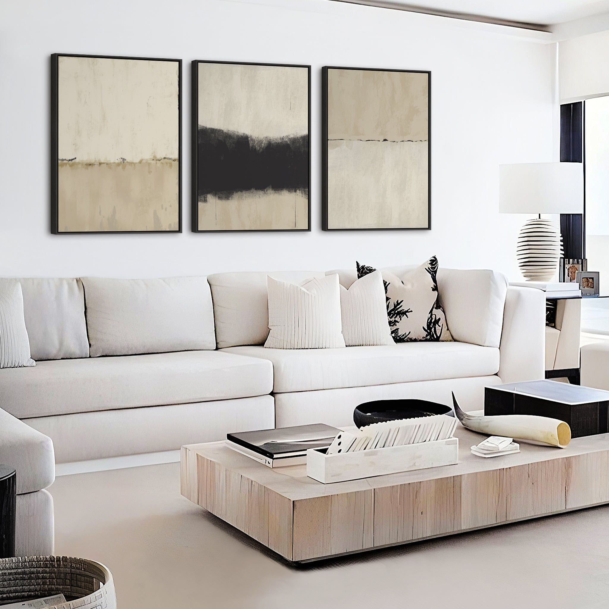 Neutral Wall Art for Living Room - Large Framed Set of 3 - Cream Black
