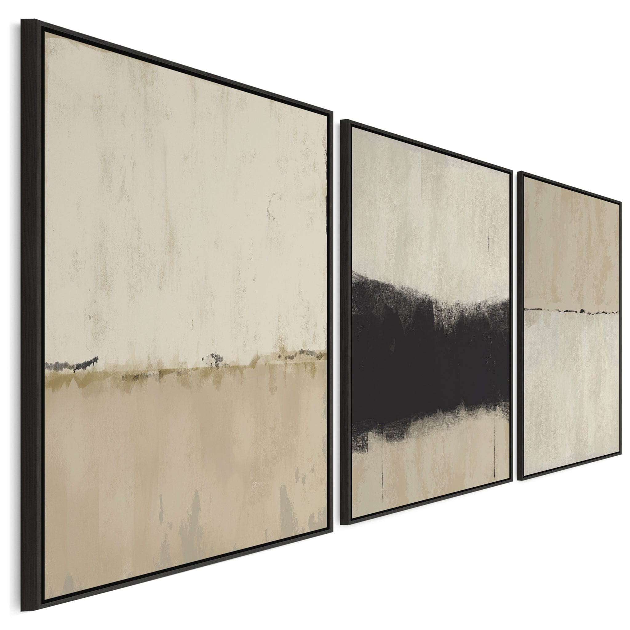 Neutral Wall Art for Living Room - Large Framed Set of 3 - Cream Black