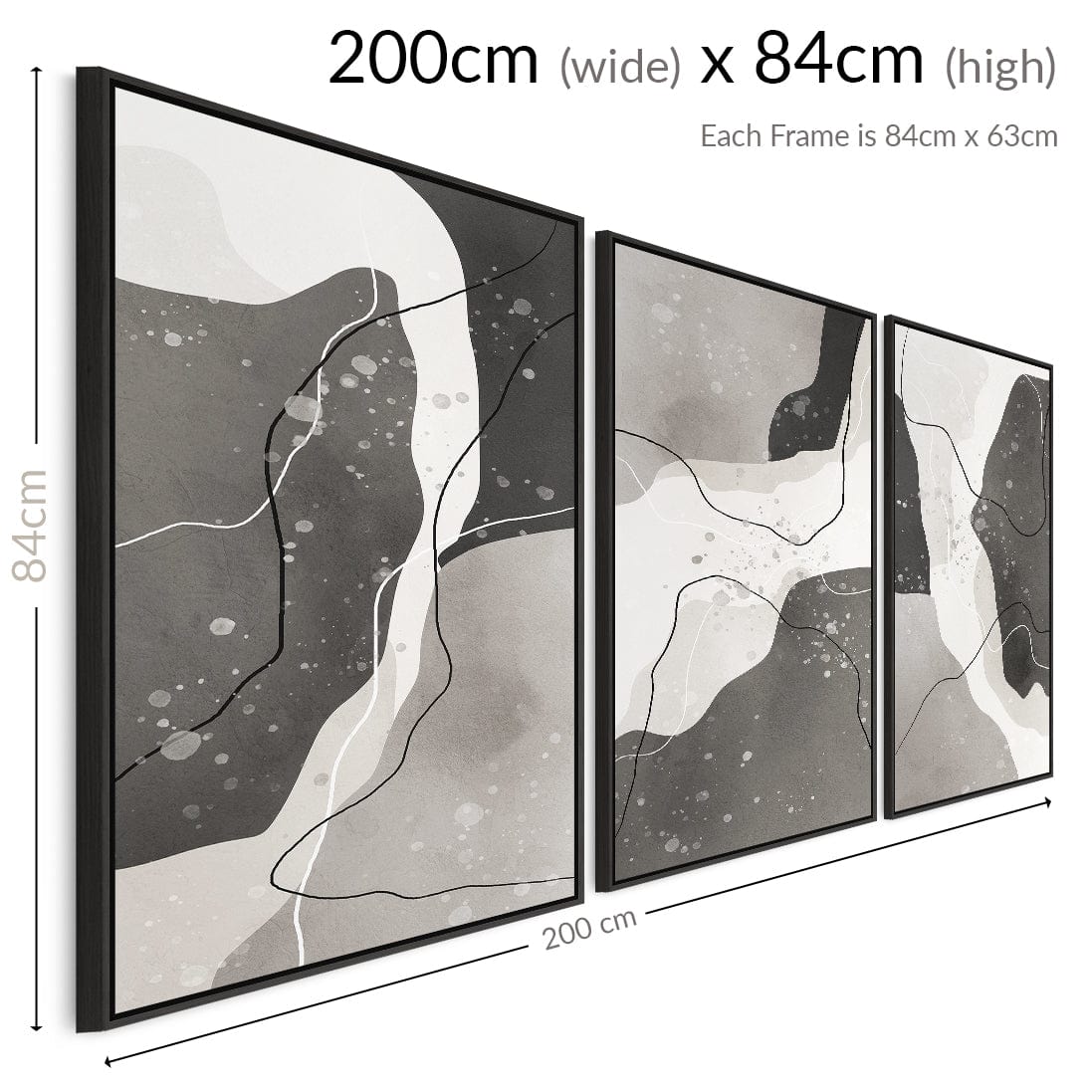 Large Grey Wall Art for Living Room - XL Set of 3 Framed Canvas Pictur