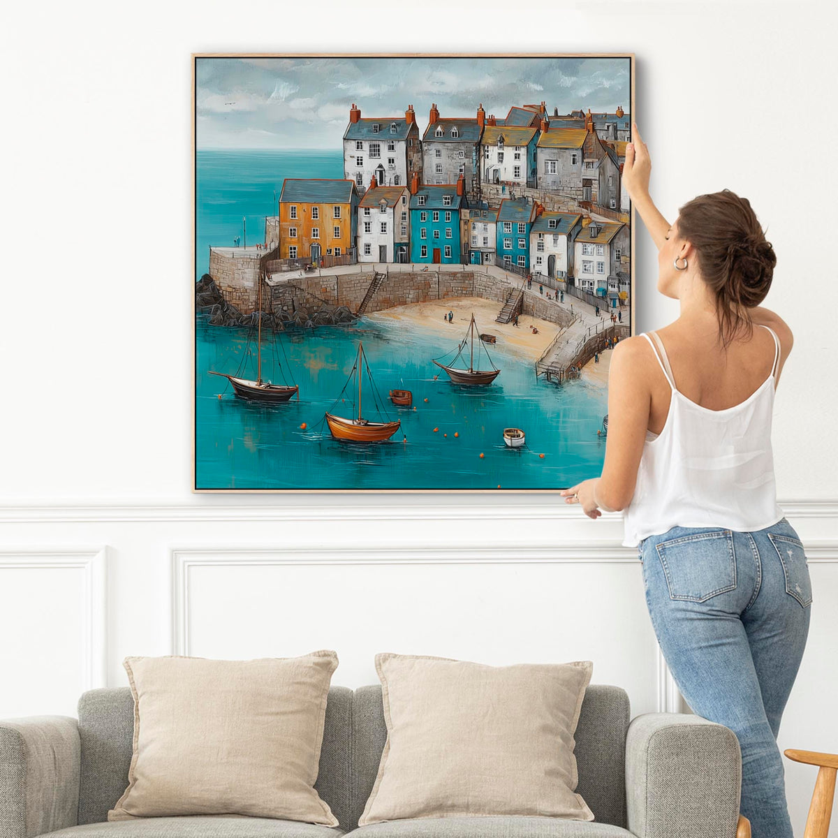 Cornish Harbour Framed Artwork on Canvas Blue – wallfillers.co.uk