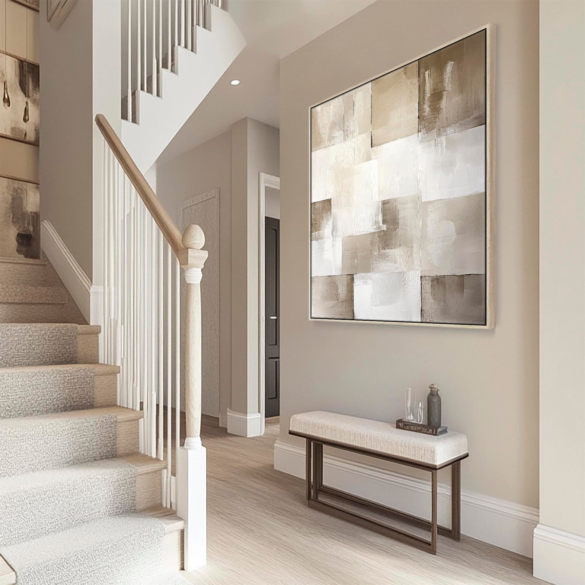 Entrance Hallway Neutral Abstract Artwork Canvas Print Framed Beige ...