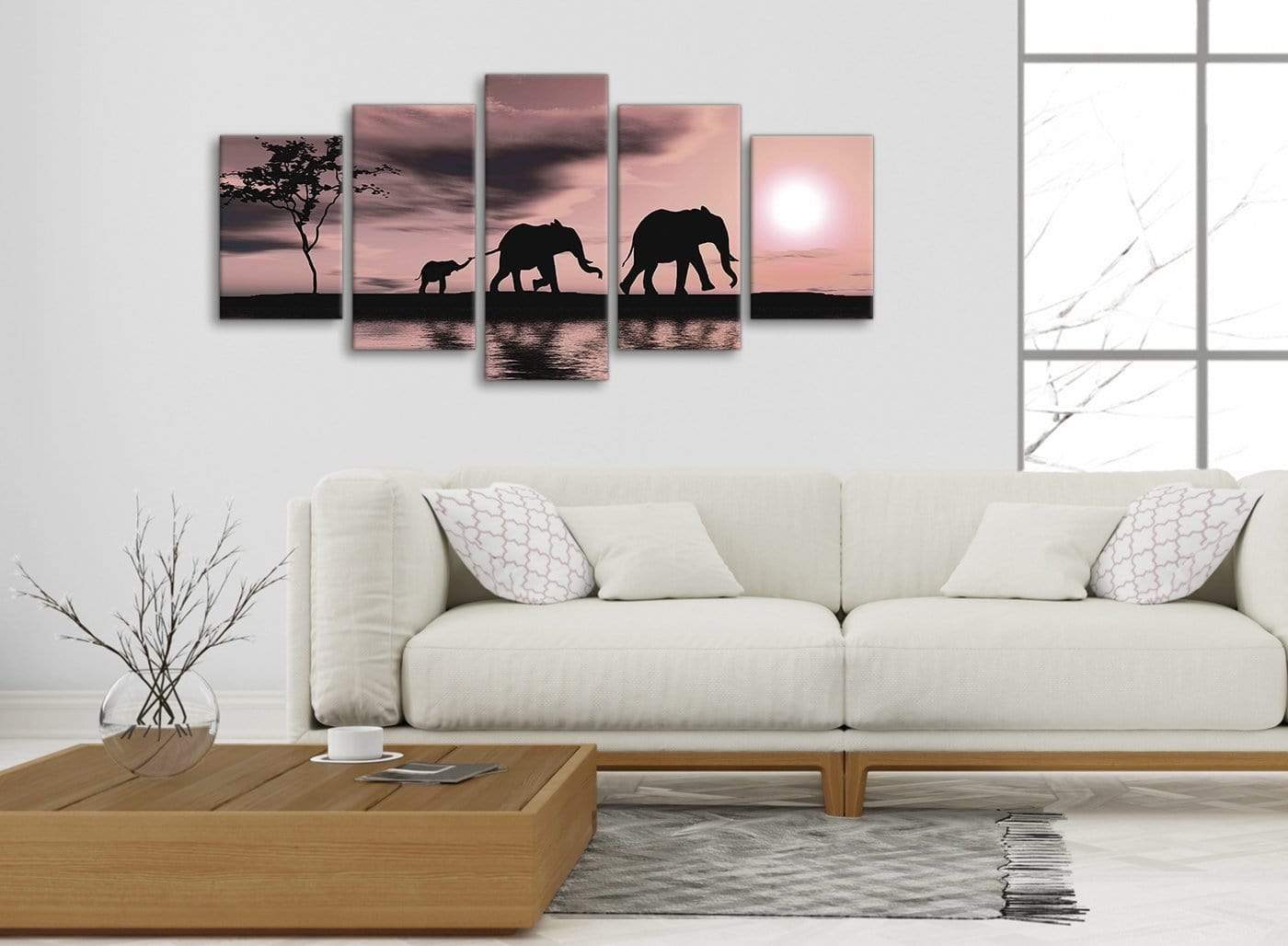 Blush Pink African Sunset Elephants Canvas Wall Art Print