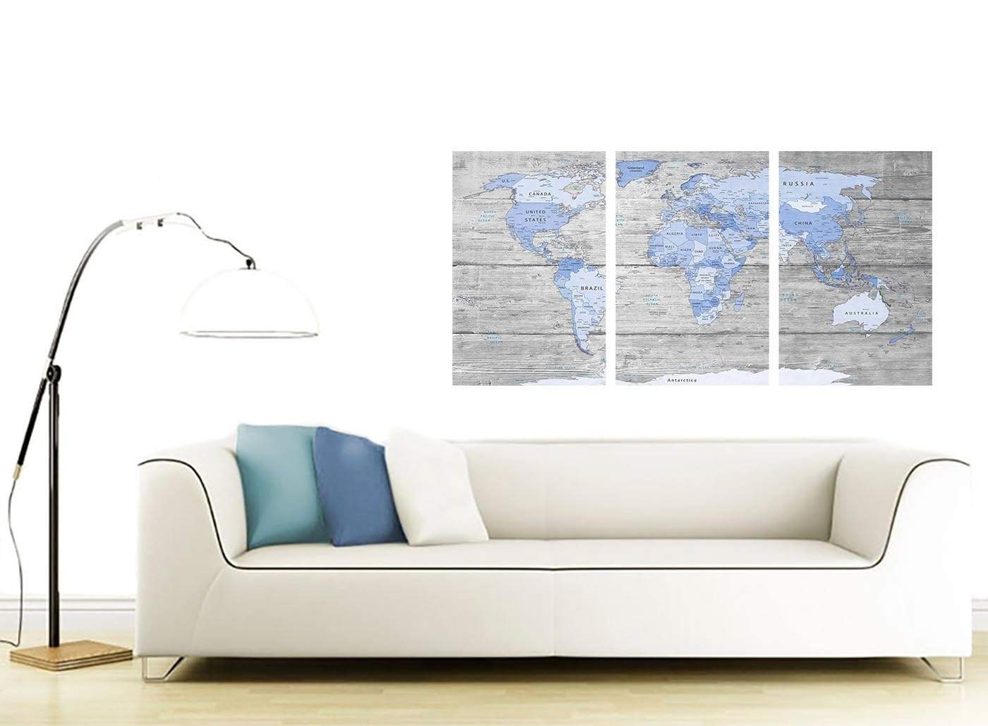 Blue Grey Map of World Atlas Canvas Wall Art Print
