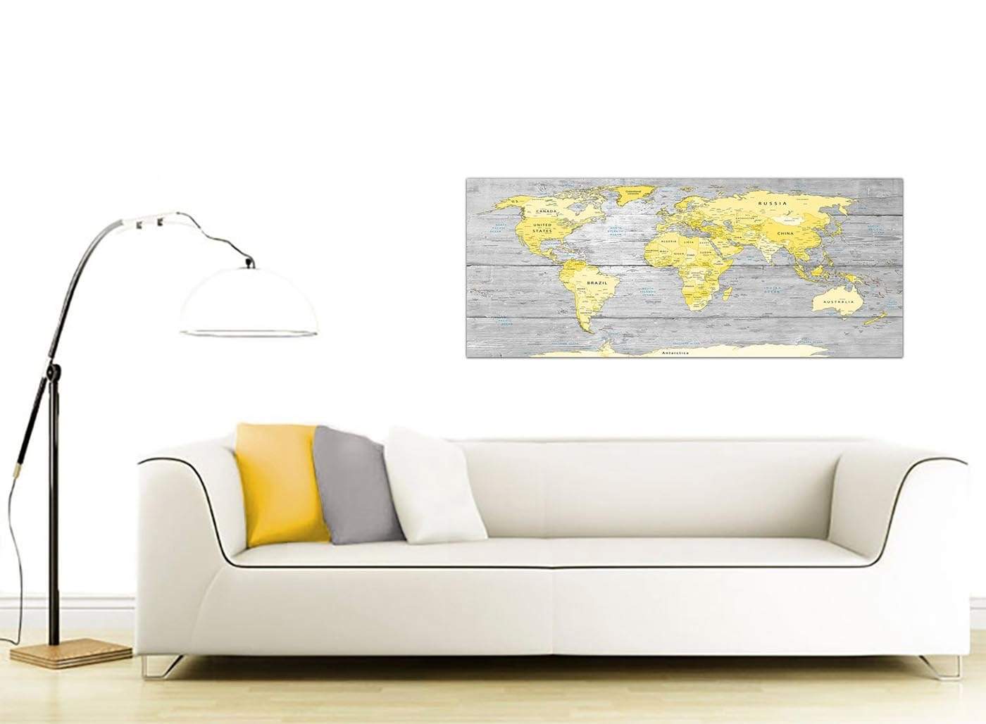 Yellow Grey Map of World Atlas Canvas Wall Art Print