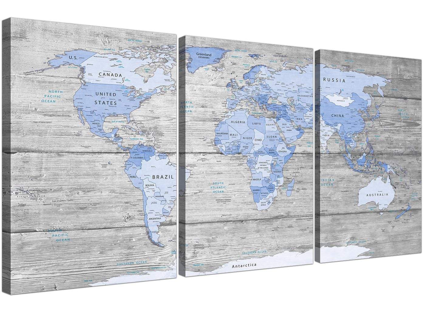 Blue Grey Map of World Atlas Canvas Wall Art Print