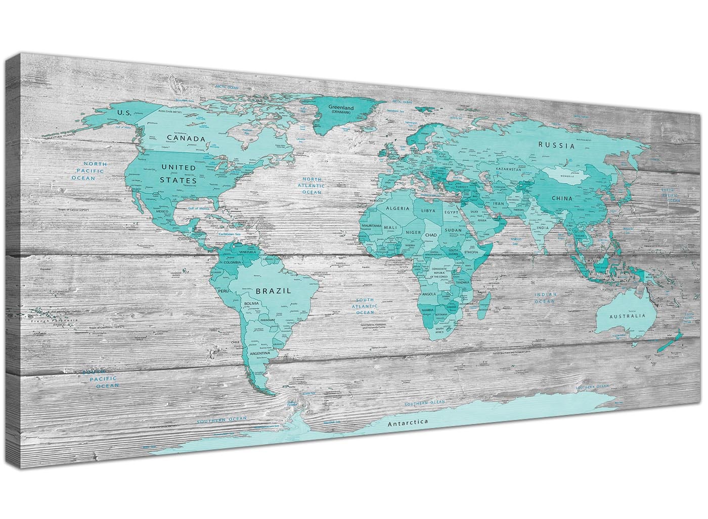 Teal Grey Map of World Atlas Canvas Wall Art