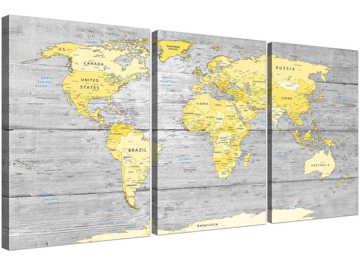 Yellow Grey Map of World Atlas Canvas Wall Art Print