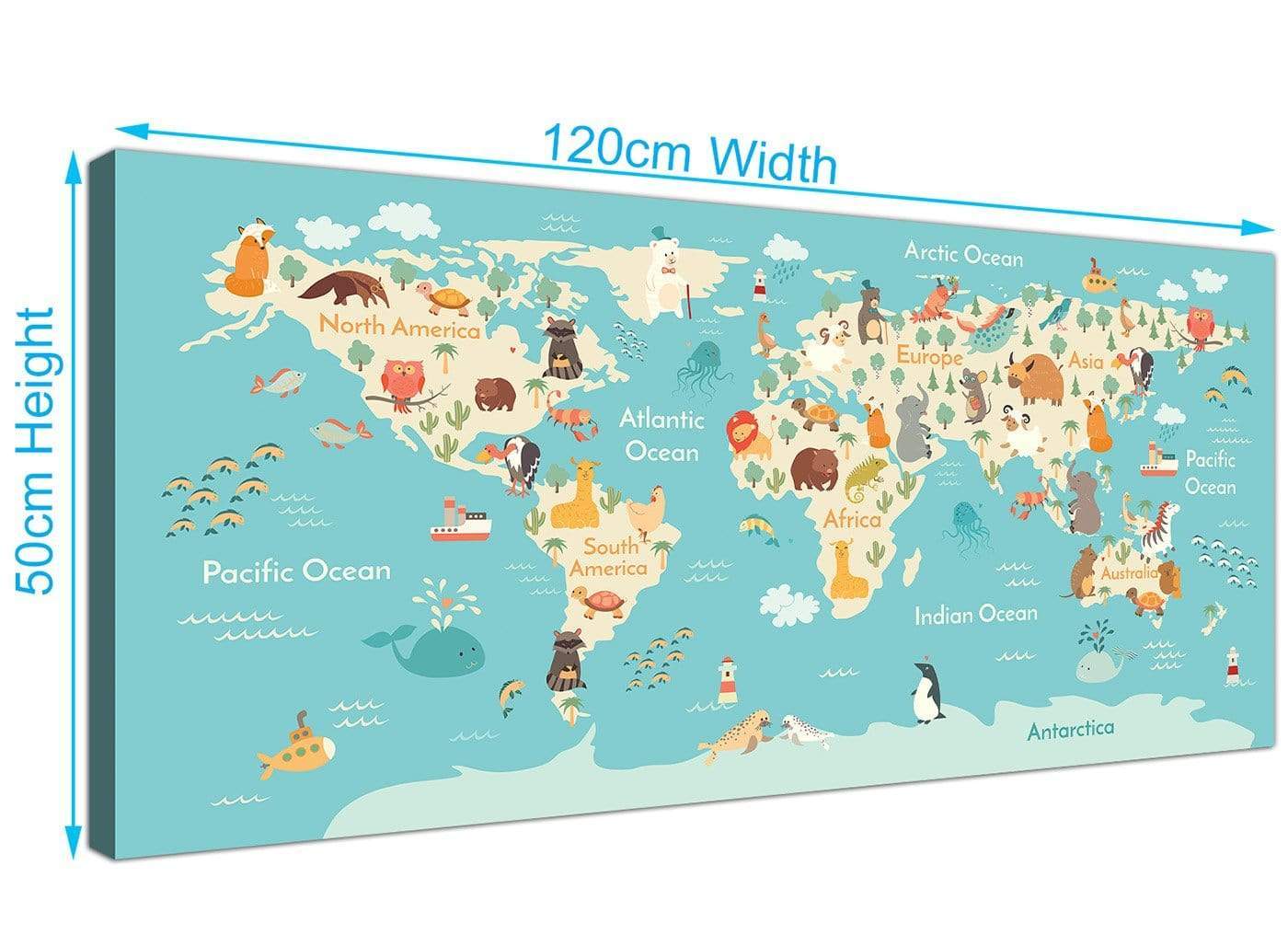 Animal Map of World Atlas Canvas Art for Childrens Nursery - Education