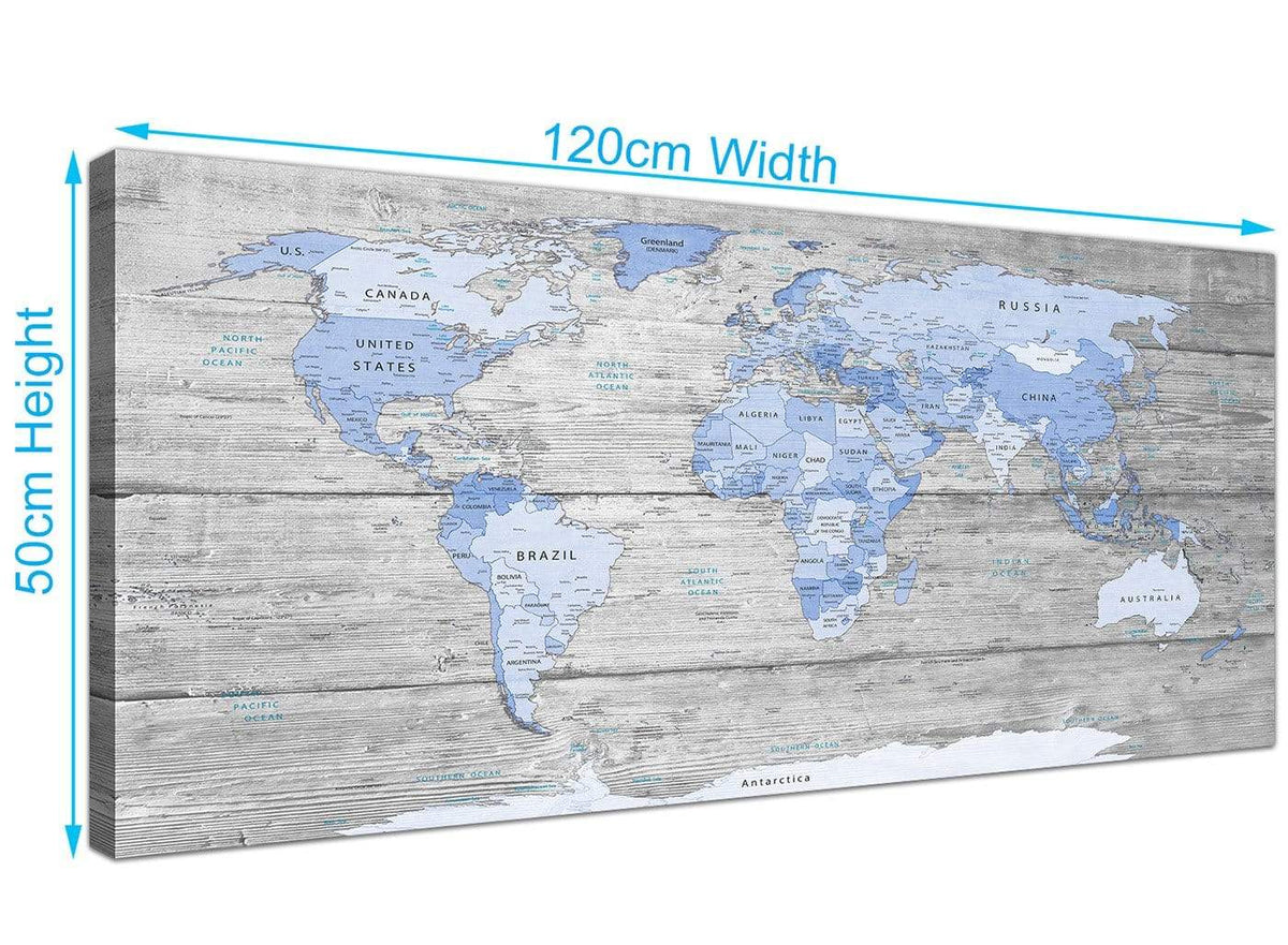 Blue Grey Map of World Atlas Canvas Wall Art Print